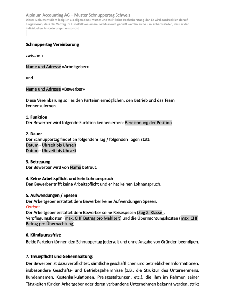 Schnuppertag, Probetag und Schnupperlehre in der Schweiz