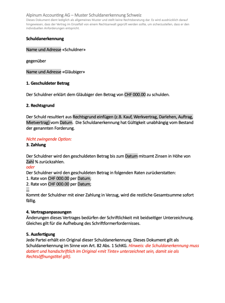 Die Schuldanerkennung im Schweizer Recht